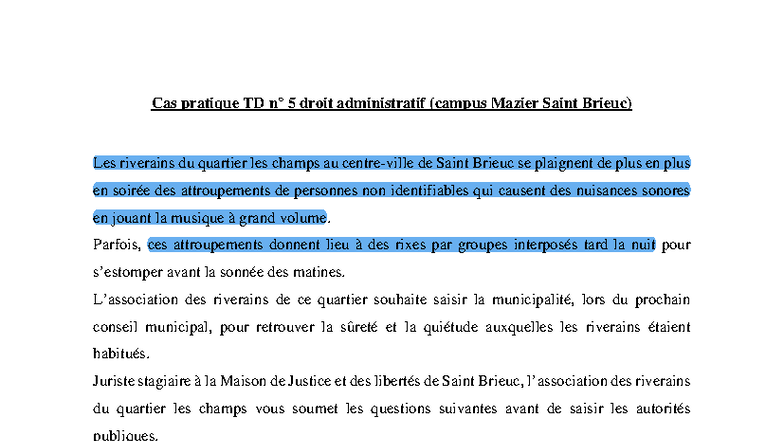 Cas Pratique TD 5 Droit Administratif: Nuisances Sonores à Saint Brieuc ...