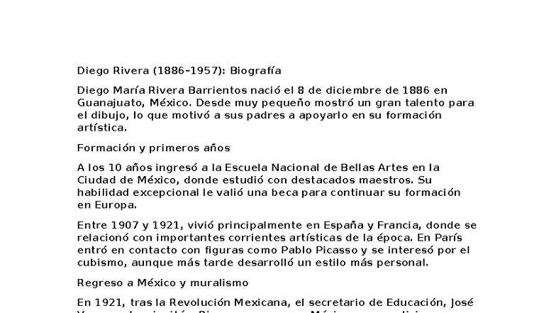 Biografía de Diego Rivera: Vida y Obra del Muralista Mexicano - Studocu