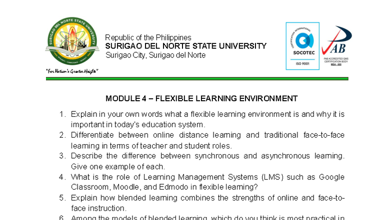 ORAL QUIZ NO: Flexible Learning Environment Insights - Studocu