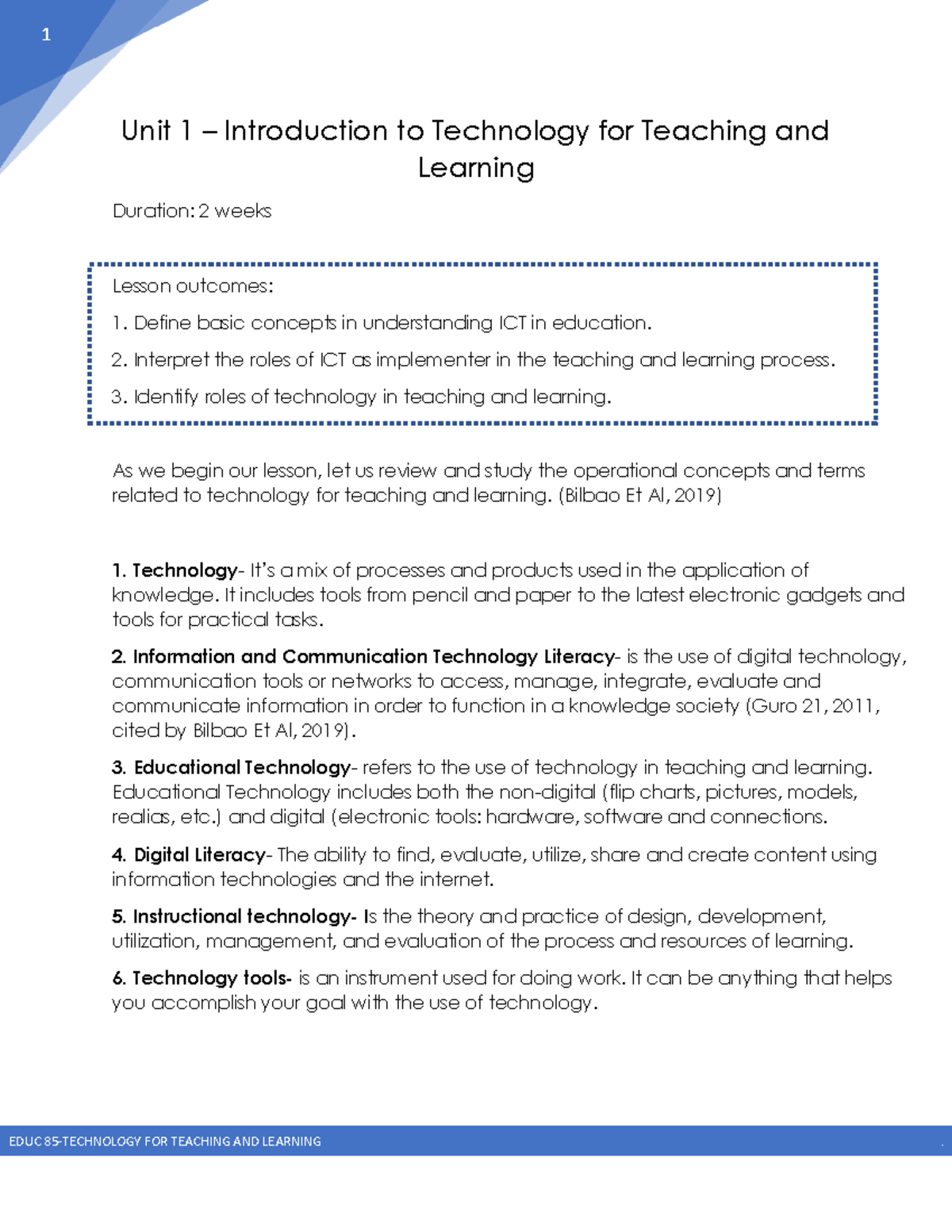 EDUC 85 - Unit 1 - Week 1-2: Tech in Teaching & Learning Basics - Studocu