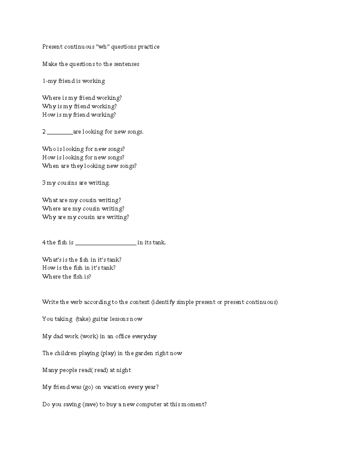 Present Continuous "WH" Questions Practice Worksheet - Studocu