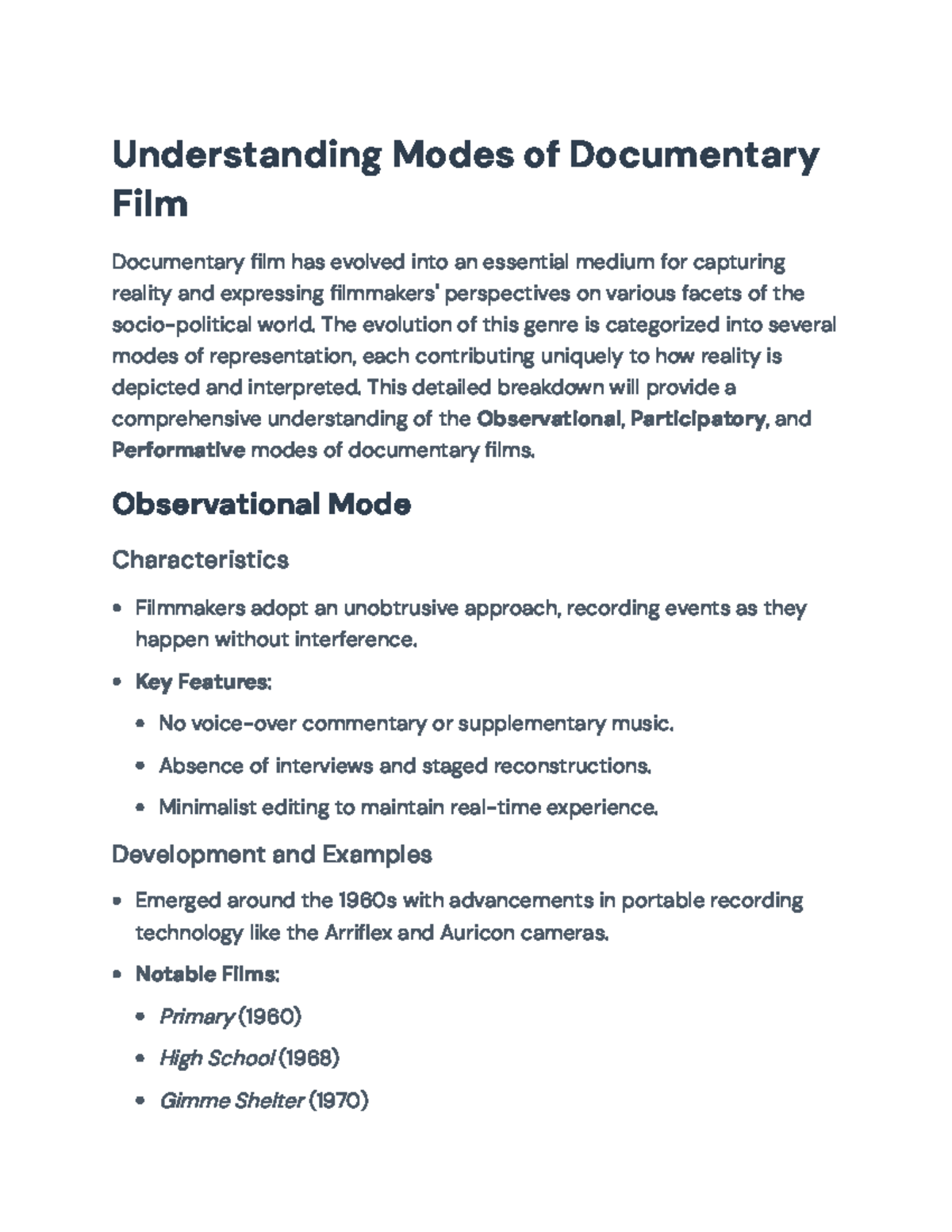 Understanding Documentary Film Modes: Observational, Participatory, Performative - Studocu