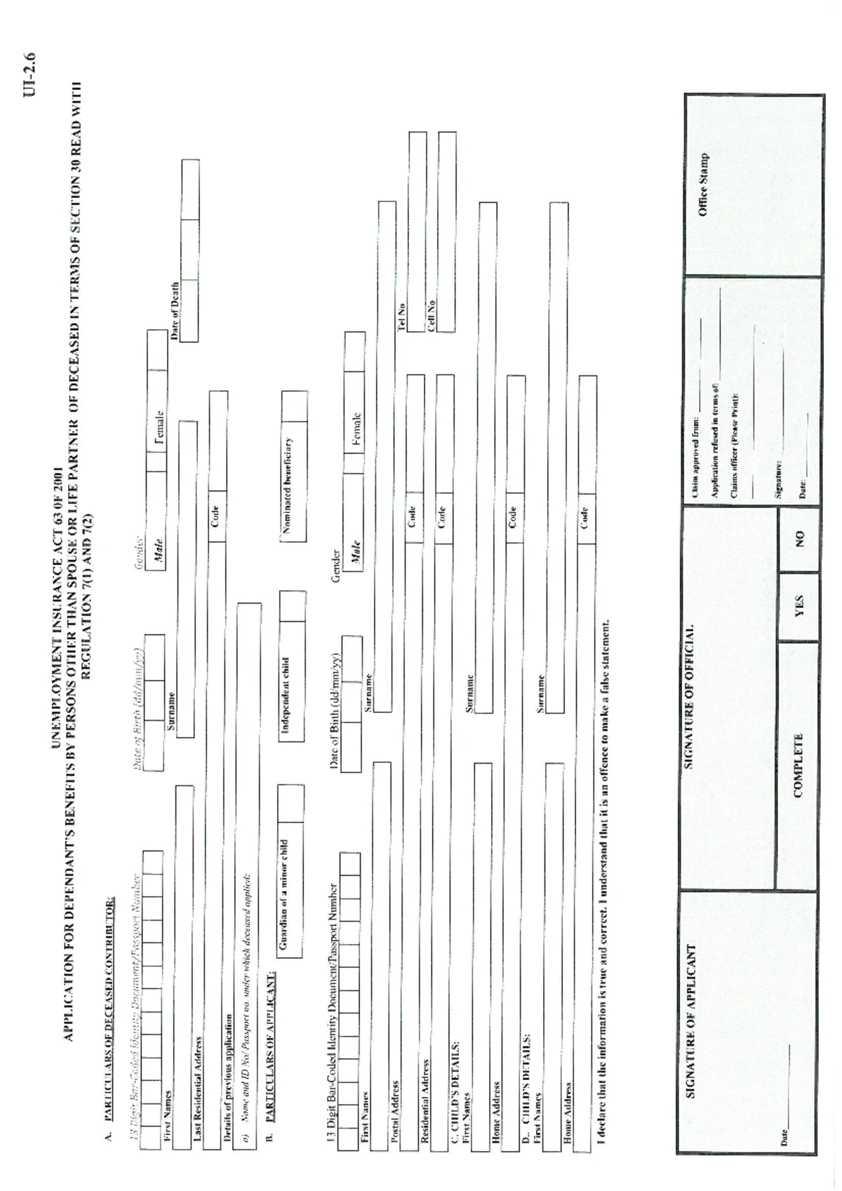 UI-2-1 Application for Unemployment Benefits – Act 63 of 2001 - Studocu