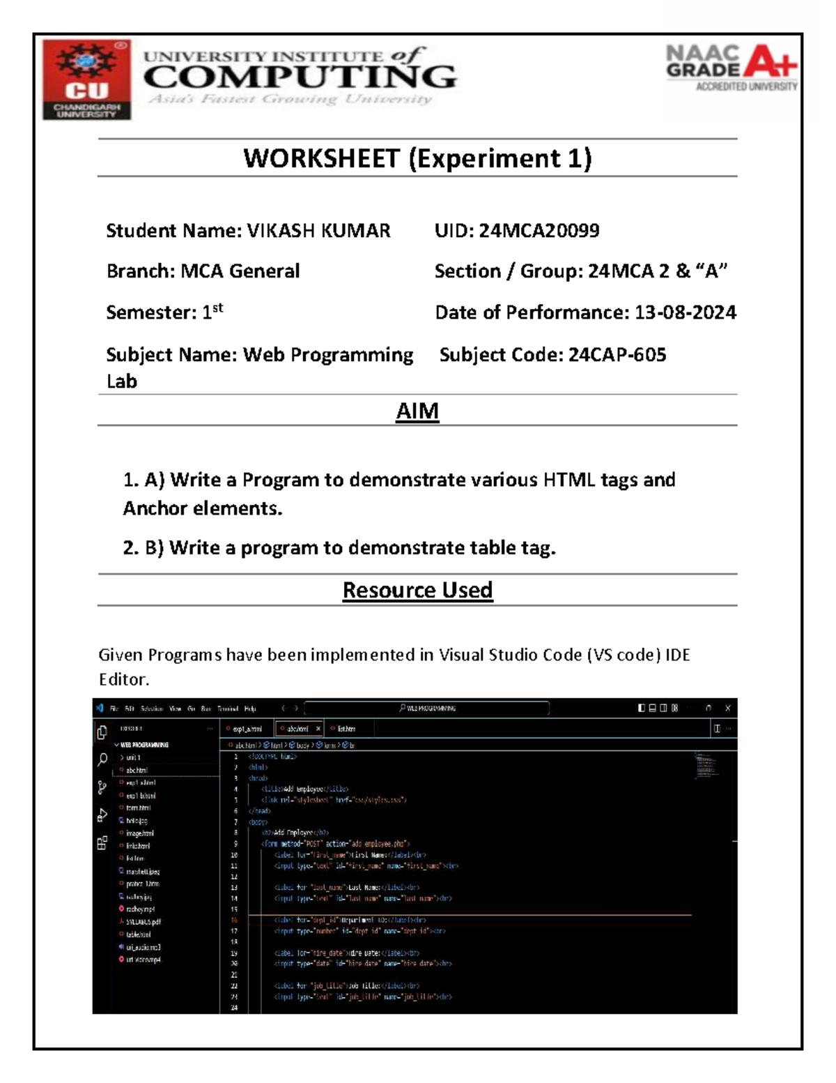 WEB Programming Lab Experiment 1: HTML Tags & Anchor Elements - Studocu