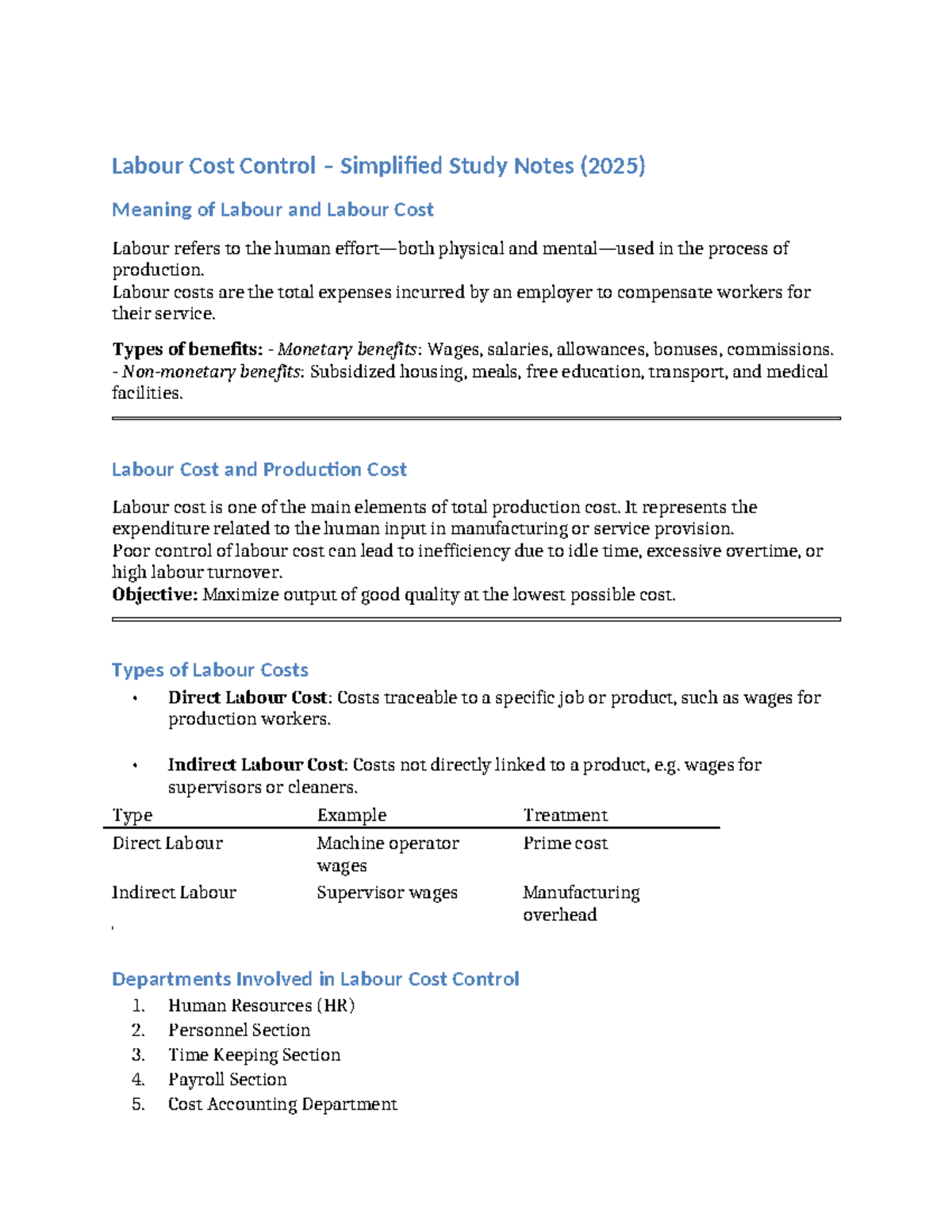 Labour Cost Control Study Notes (2025) - Studocu