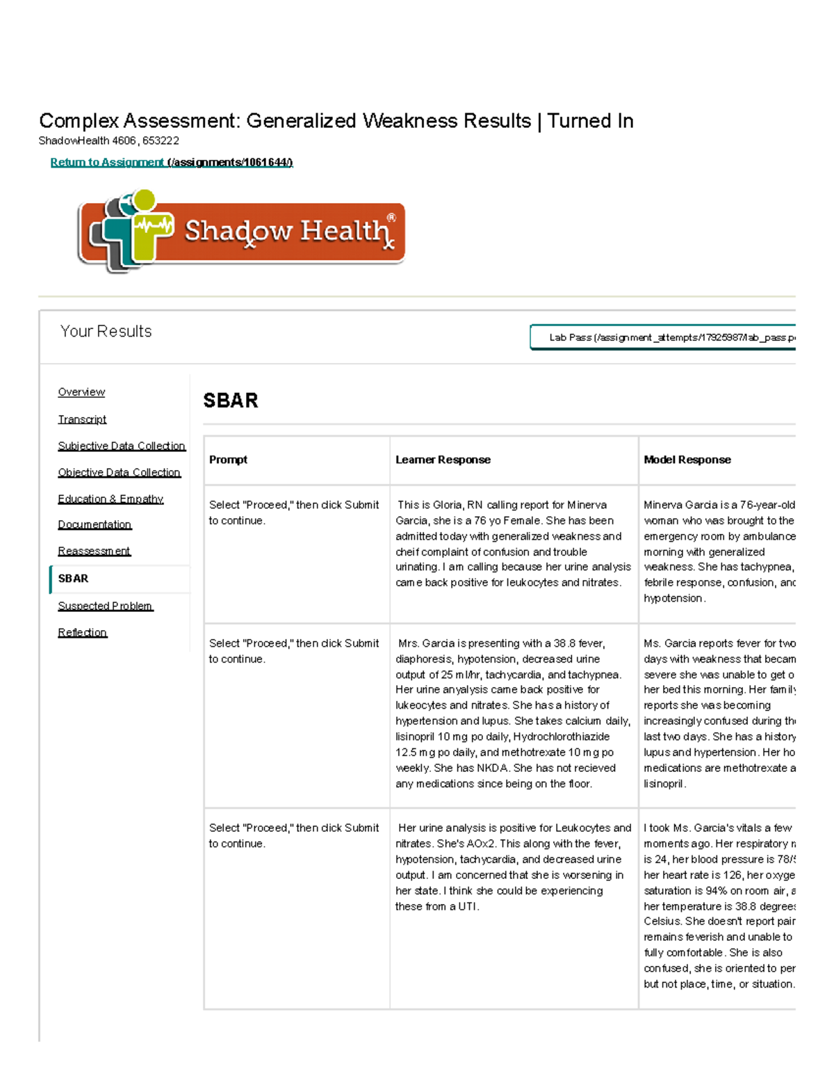 Minerva Garcia - Shadow Health SBAR Assessment for 4606 - Studocu
