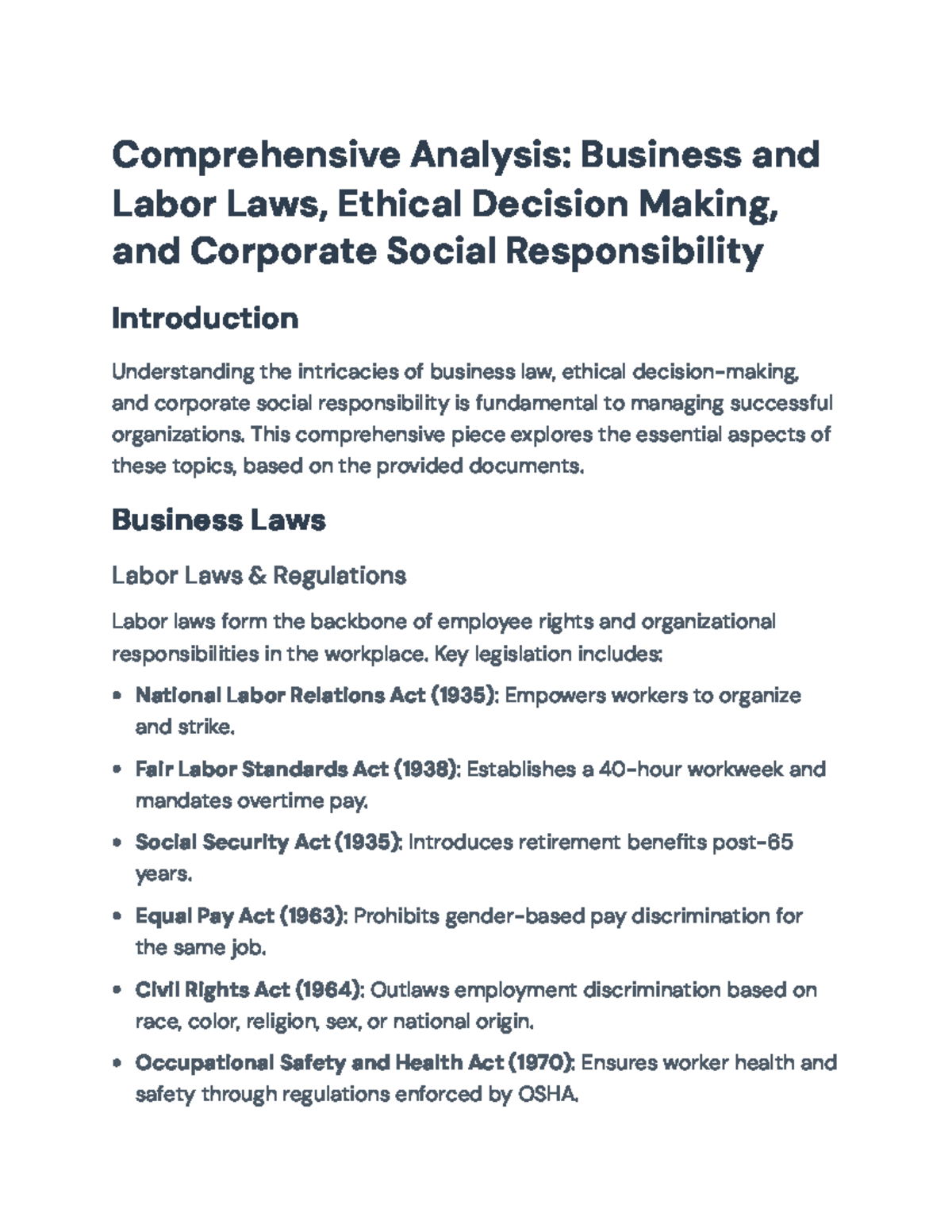 Comprehensive Overview of Business & Labor Laws, Ethics, and CSR ...