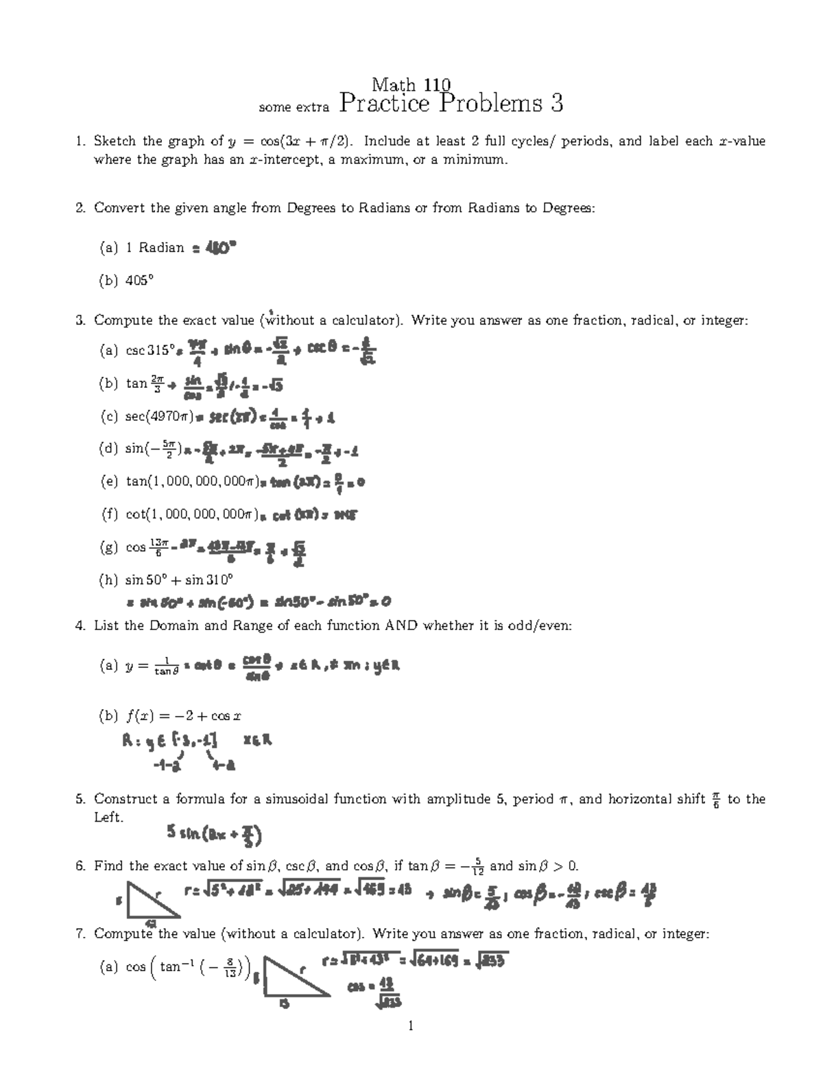 Practice Qs 2 - Math 110 some extra Practice Problems 3 Sketch the ...