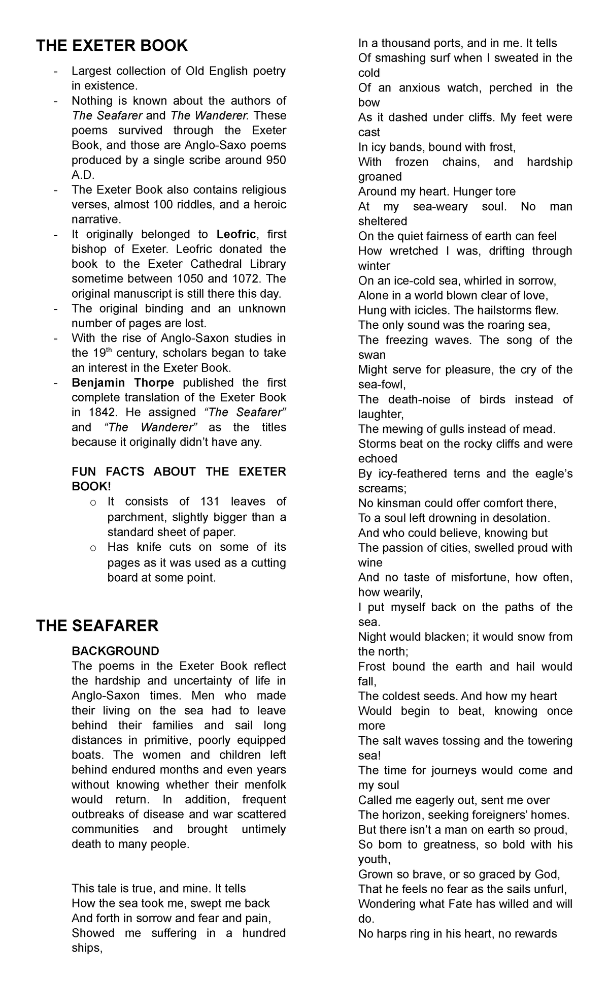 Exeter Book Analysis: The Seafarer & The Wanderer Insights - Studocu