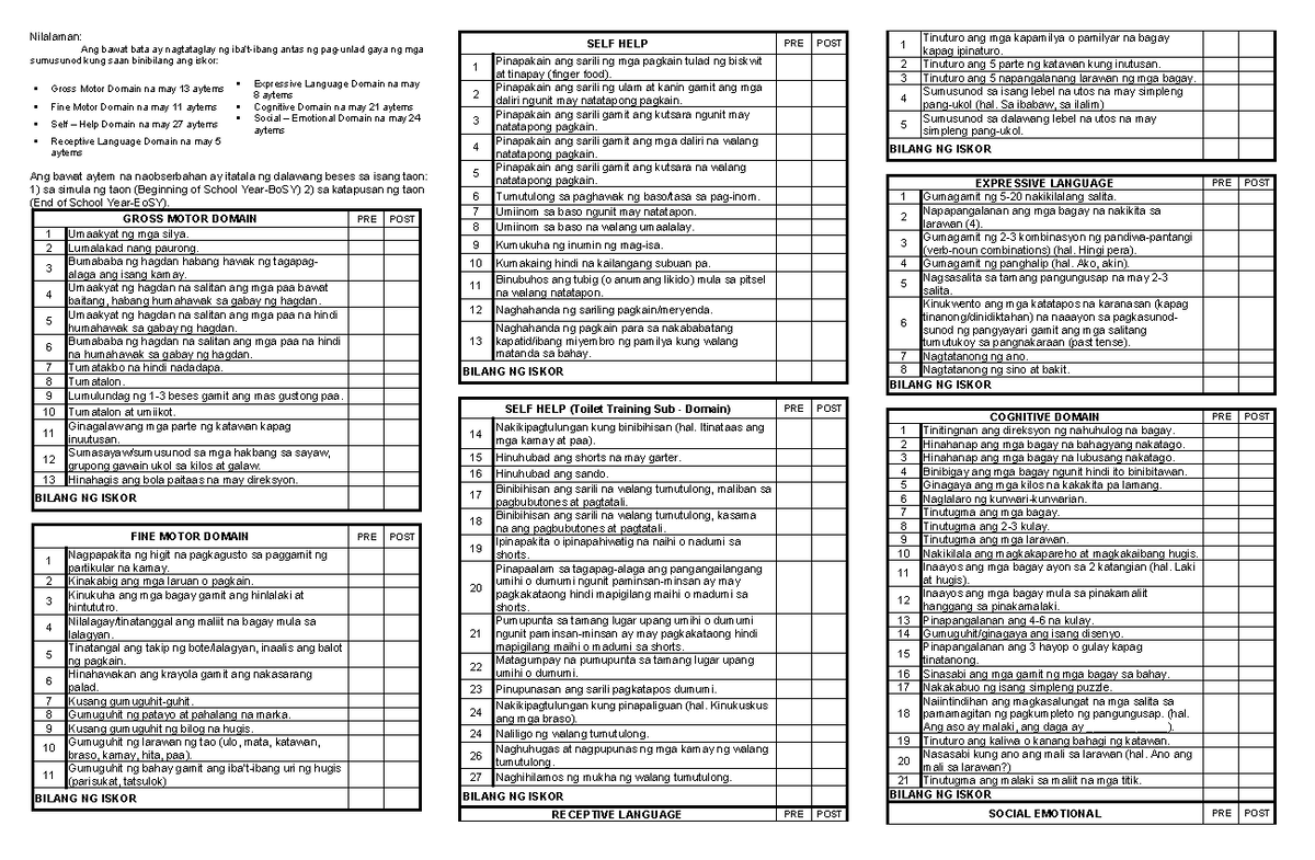 ECD Checklist - Tagalog Version SY 2024-2025: Developmental Domains ...