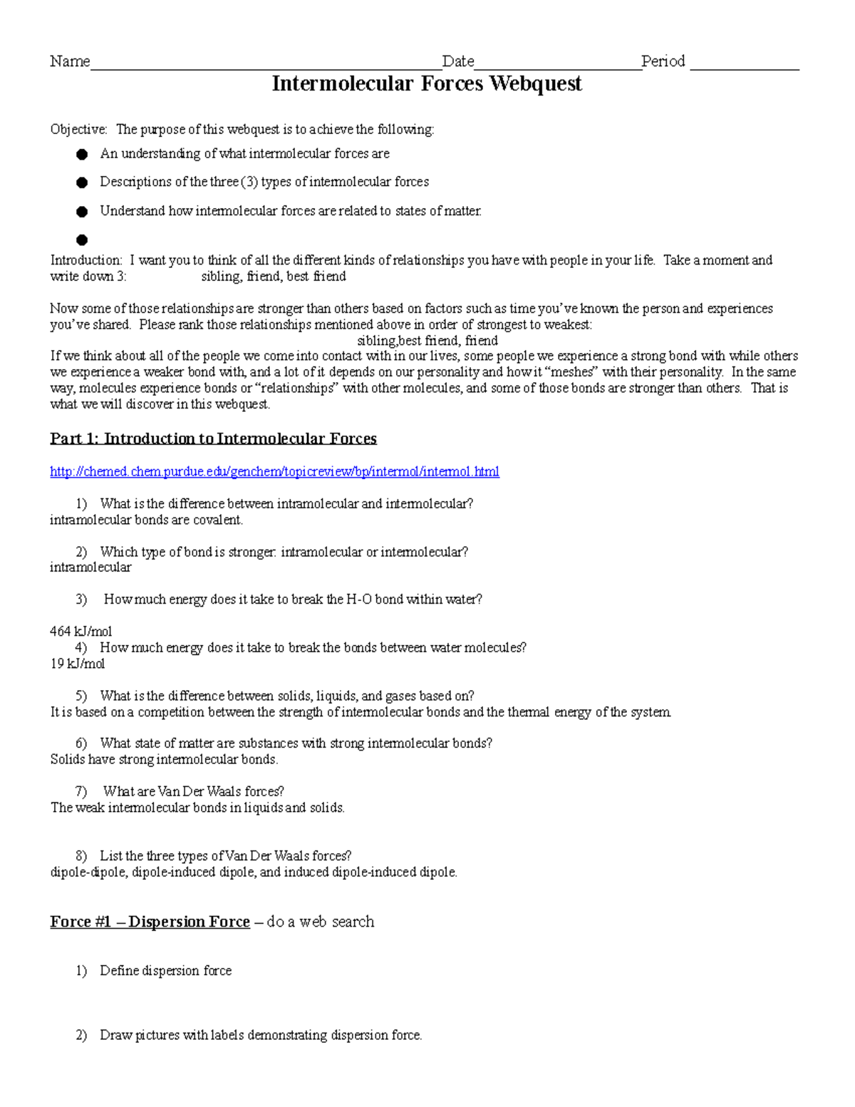 Intermolecular Forces Webquest - Introductory Guide - Studocu