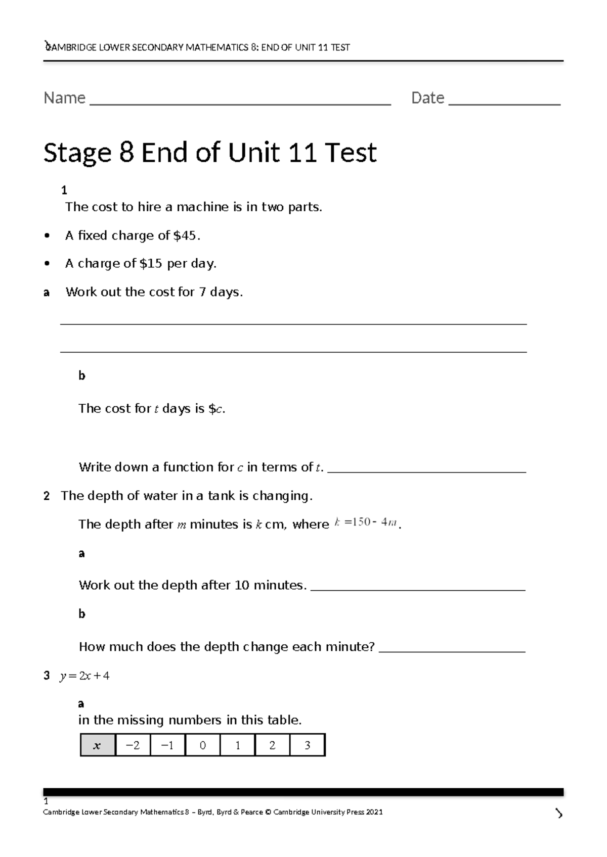 CAMBRIDGE LOWER SECONDARY MATHEMATICS 8: UNIT 11 TEST - Studocu
