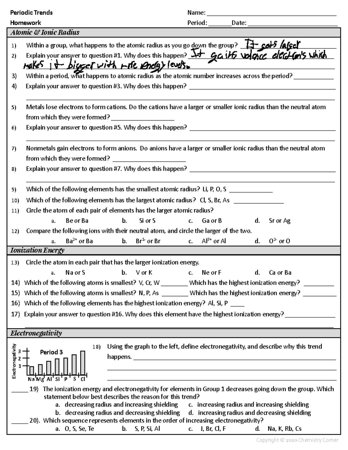 Chemistry 11 - Periodic Table Trends Practice Worksheet - Studocu