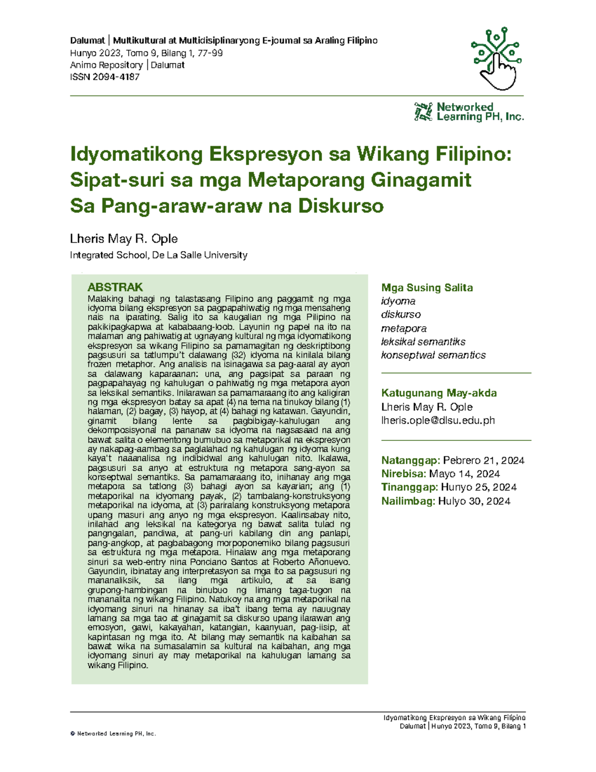Idyomatikong Ekspresyon sa Wikang Filipino: Analisis ng Metapora sa ...