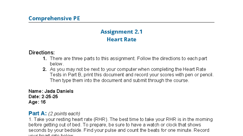 PE Assignment 2.1: Heart Rate Testing & Analysis - Studocu