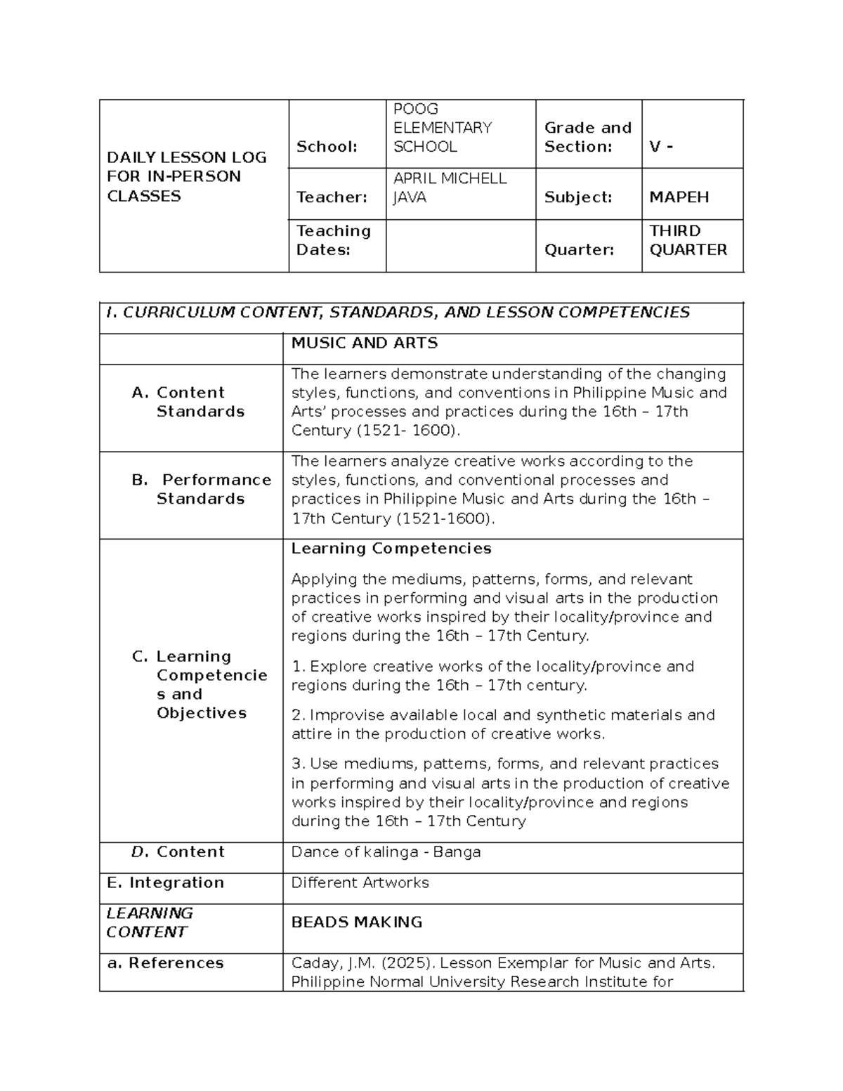 DAILY LESSON LOG FOR MAPEH 3 - WEEK 8 Music & Arts - Studocu