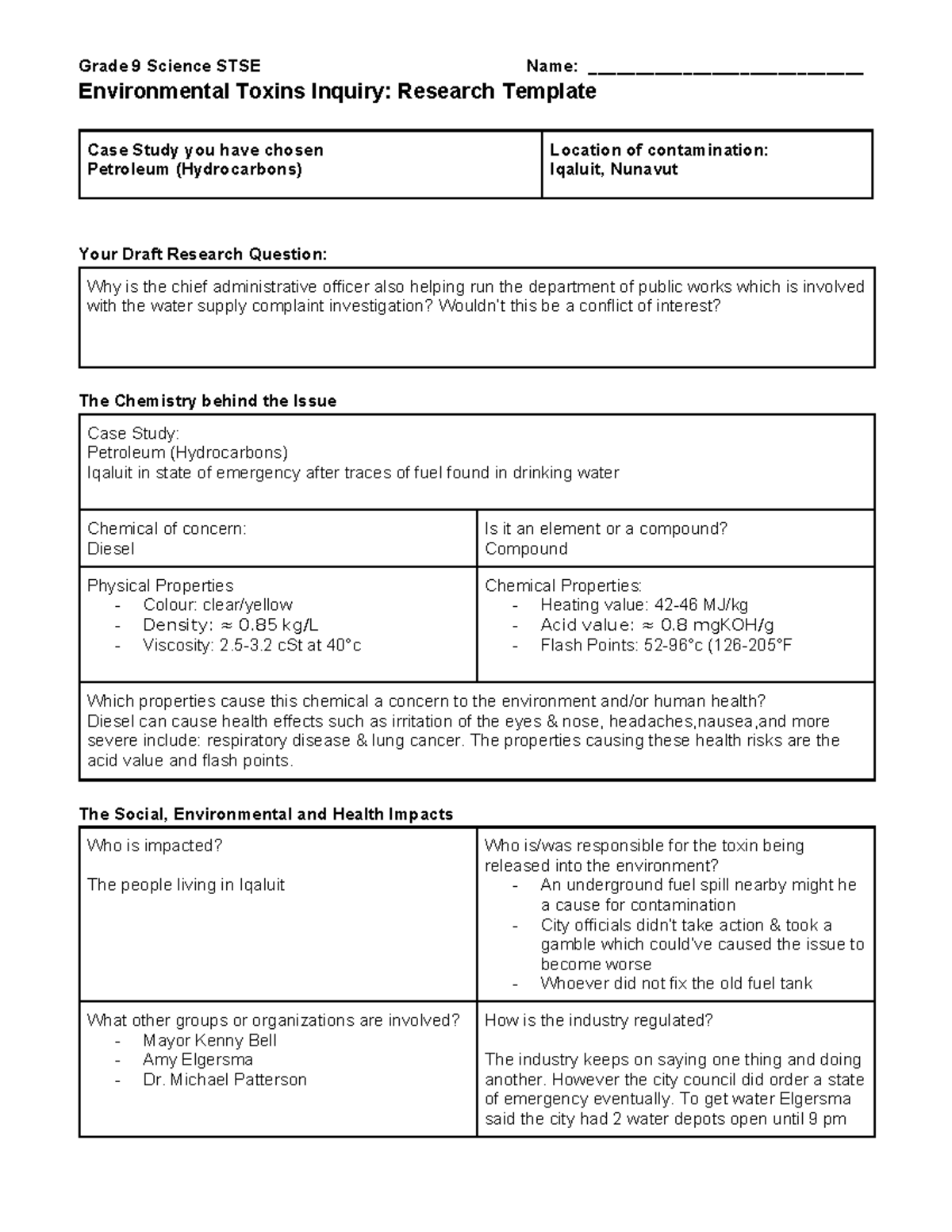 Grade 9 Science STSE: Case Study on Environmental Toxins in Iqaluit ...