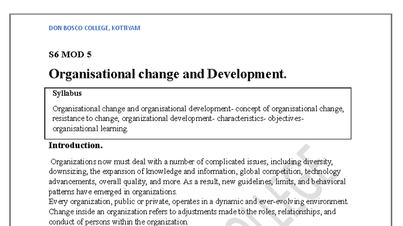 S6 MOD V - Ob notes - S6 MOD 5 Organisational change and Development ...