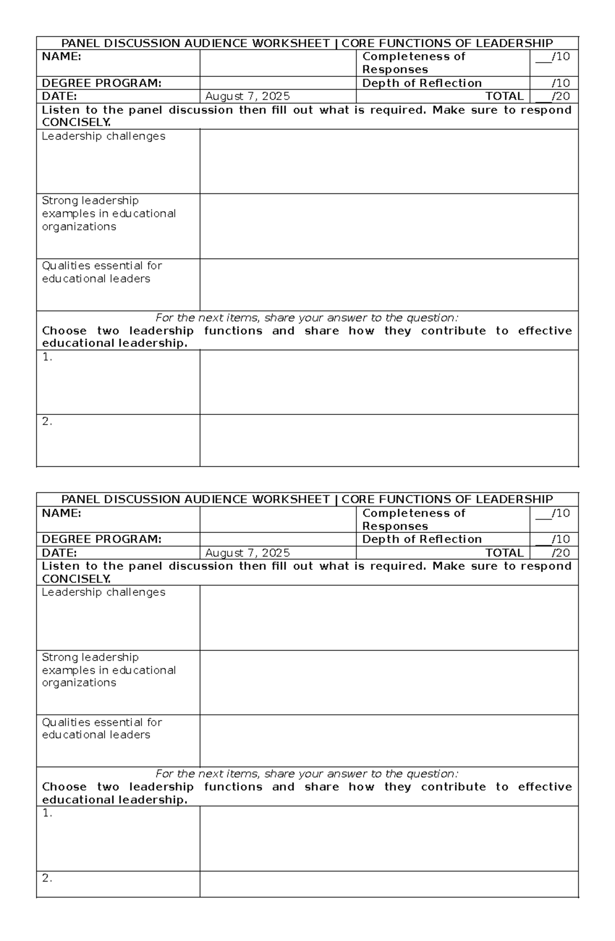 PANEL DISCUSSION WORKSHEET: CORE FUNCTIONS OF LEADERSHIP - Studocu