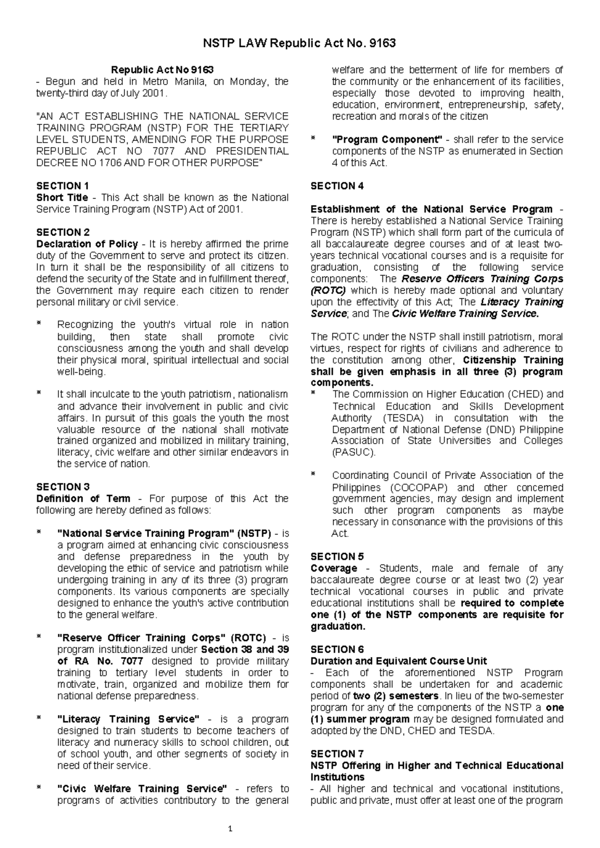 NSTP LAW RA No. 9163 2nd Term Lesson on National Service Training ...