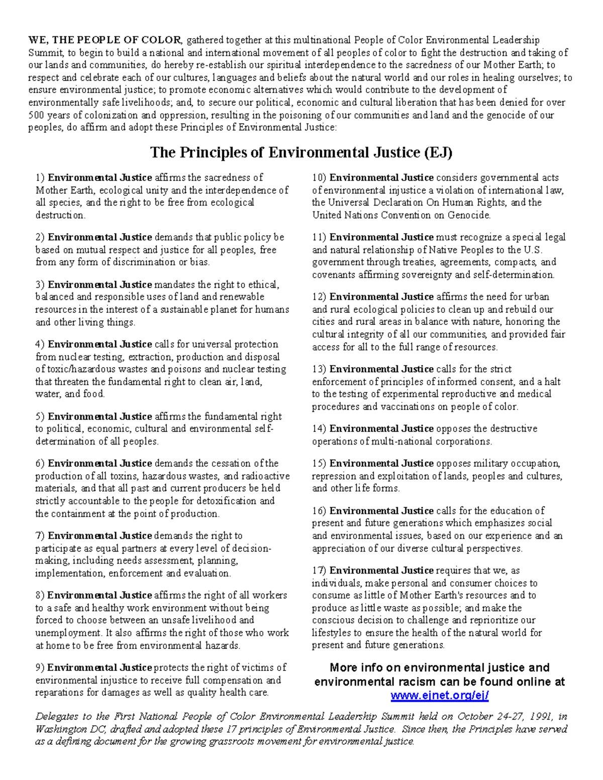 Principles of Environmental Justice from the People of Color Summit ...
