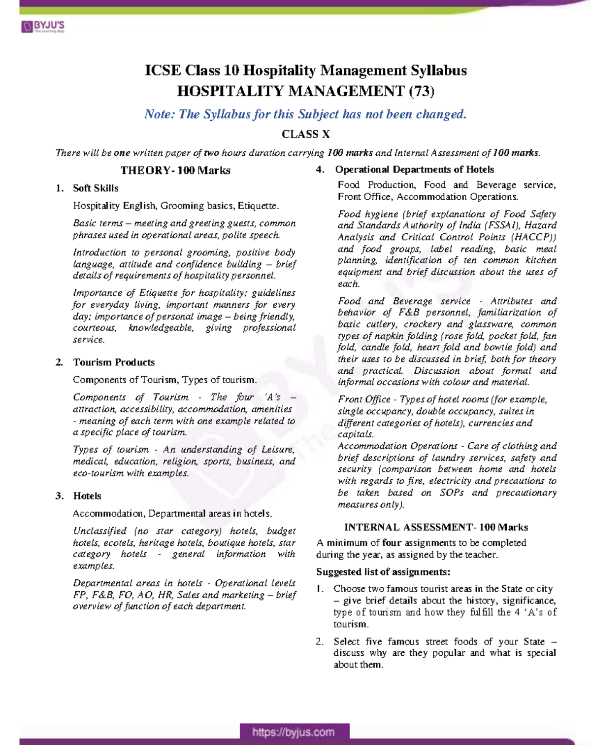ICSE Class 10 Hospitality Management Syllabus Overview (HOSPITALITY ...