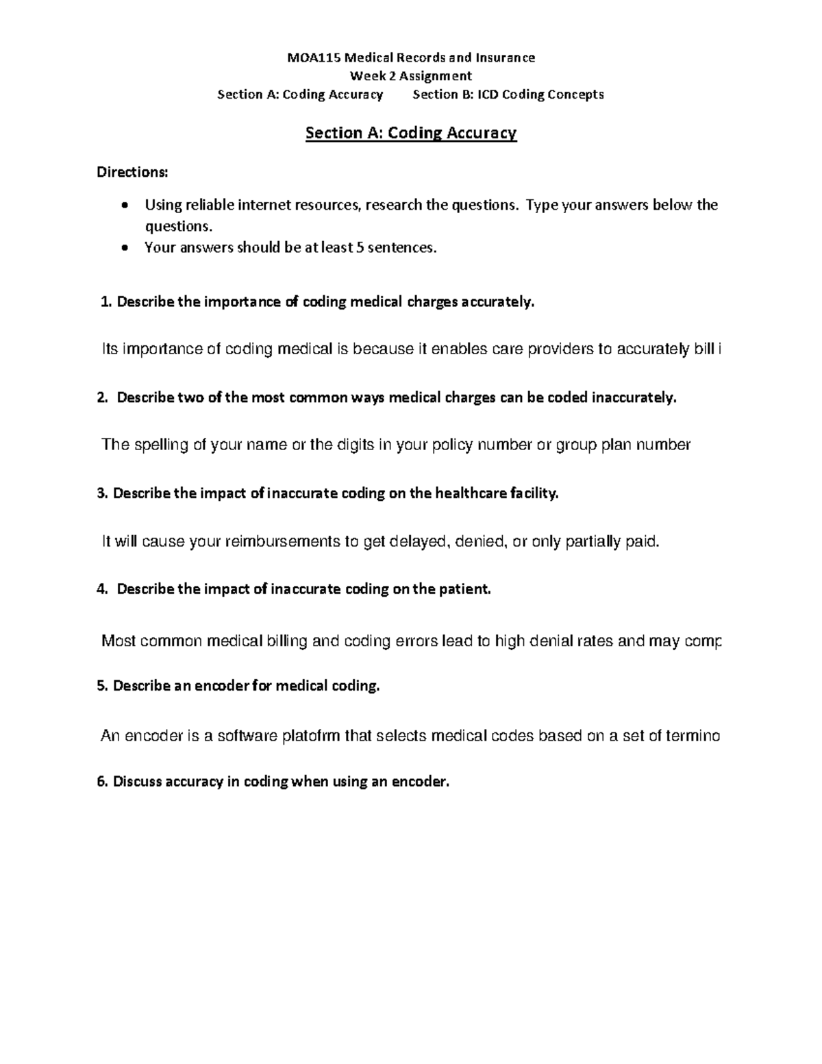 MOA115 Week 2 Assignment: Medical Coding Accuracy & ICD Concepts - Studocu