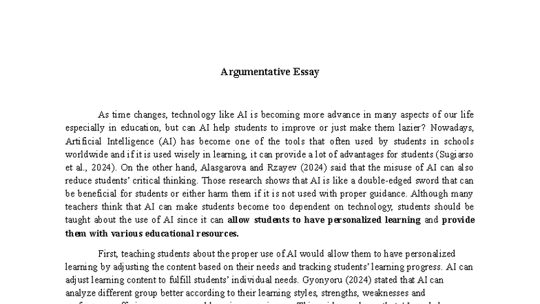 Argumentative Essay: The Impact of AI on Student Learning - Studocu