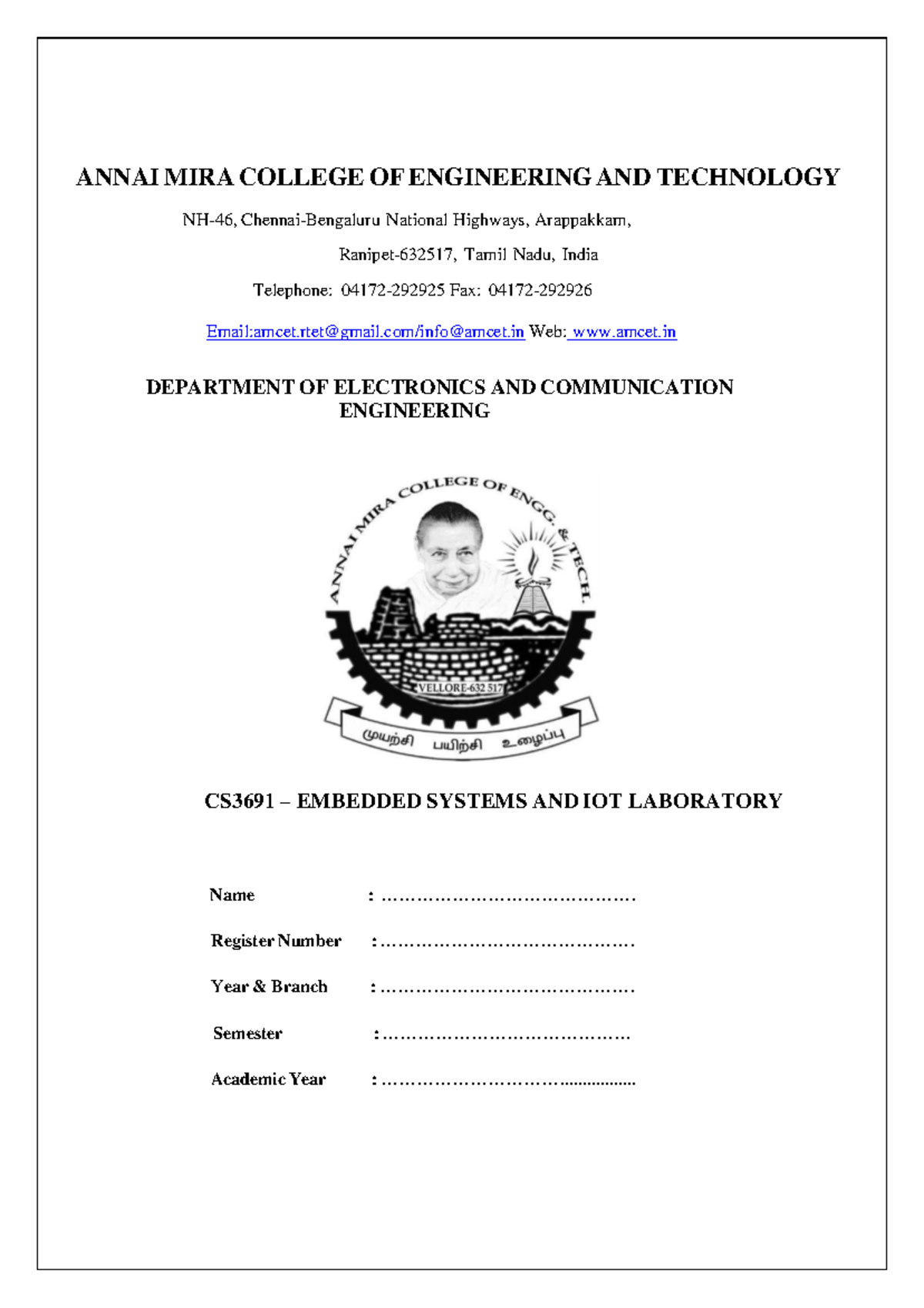 CS3691 Embedded Systems & IoT Lab Manual - Practical Record 2023-24 ...