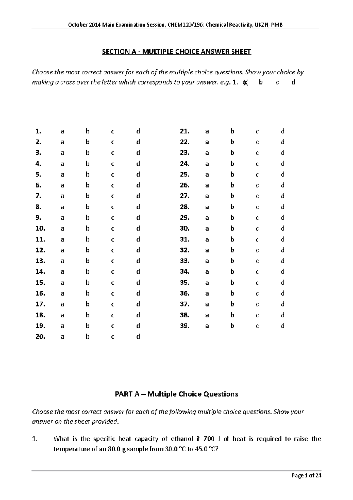 CHEM120 Final Exam PMB - Multiple Choice & Short Answer Questions - Studocu