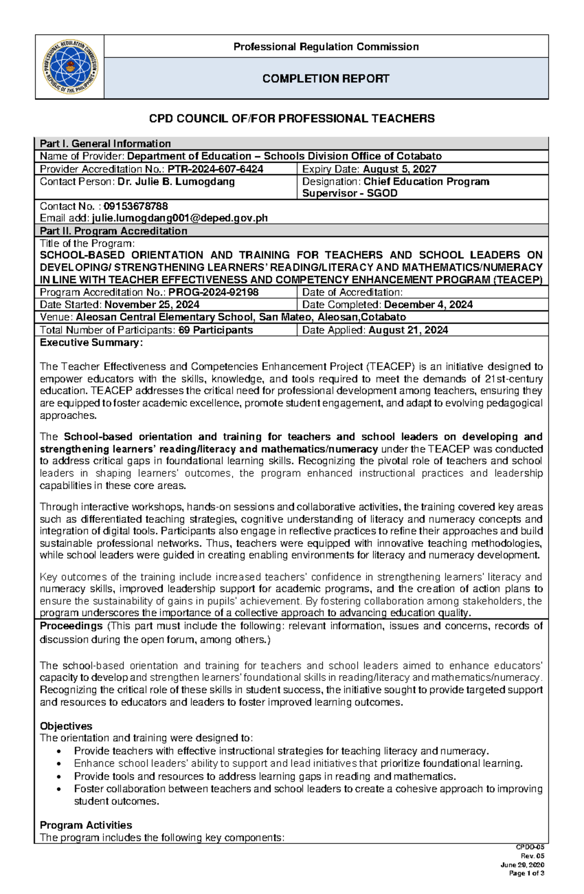 Aleosan Teacep Completion Report - ####### CPDD- 05 ####### Rev. 05 ...