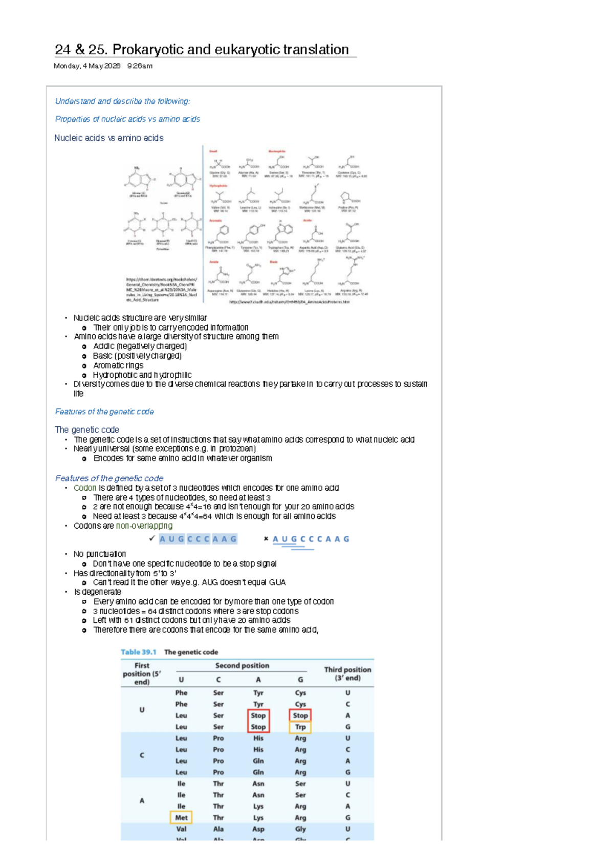 Lecture 24 & 25: Prokaryotic vs Eukaryotic Translation Notes - Studocu