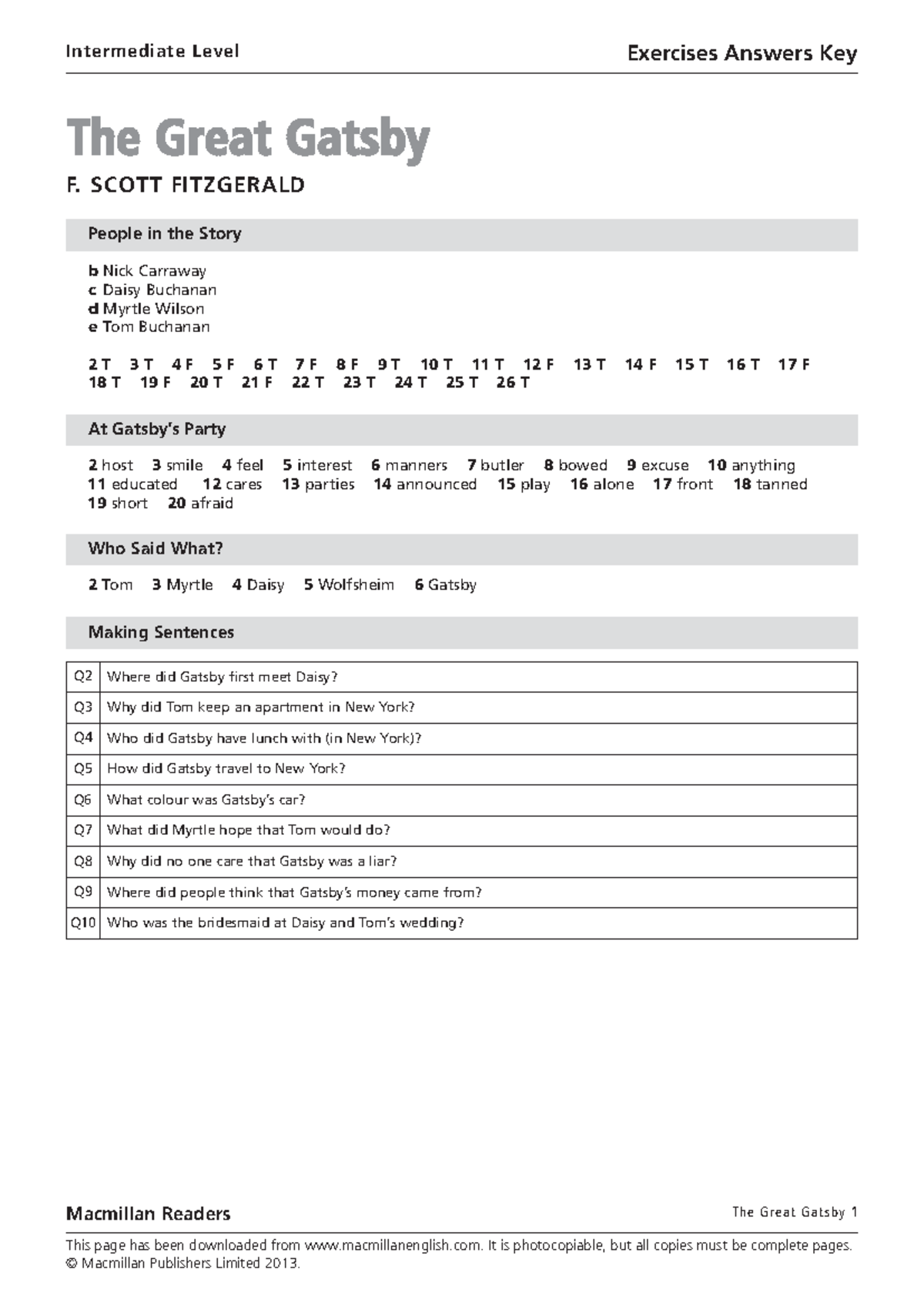 The Great Gatsby Exercises Answers Key - Intermediate Level Exercises ...