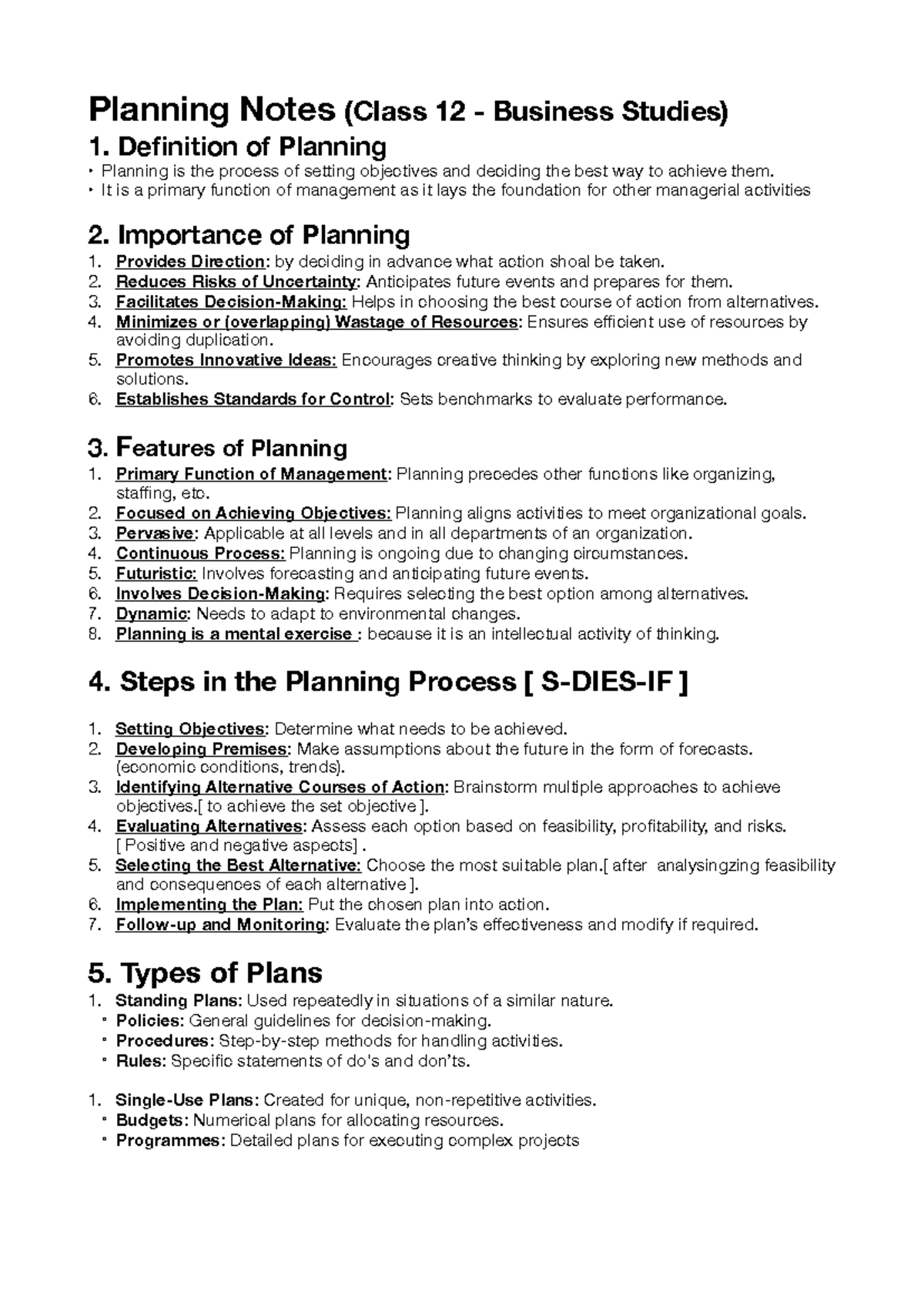 Planning Notes for Class 12 Business Studies - Studocu