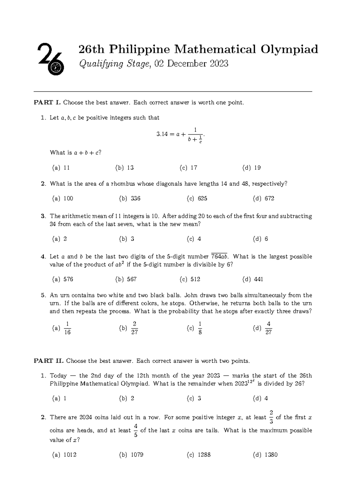 PMO26-2023 26th Philippine Mathematical Olympiad Qualifying Stage - Studocu