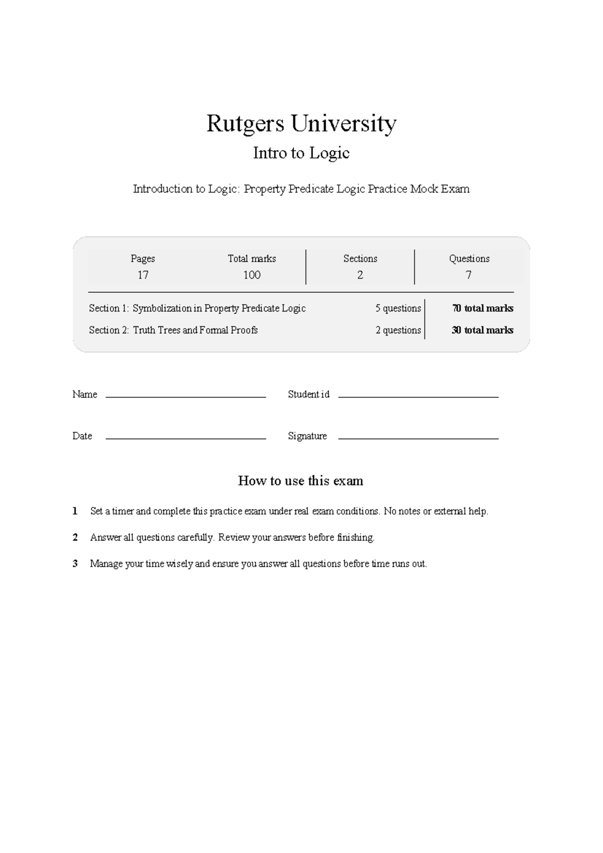 01:730:201 Intro to Logic Practice Mock Exam 2026 - Studocu