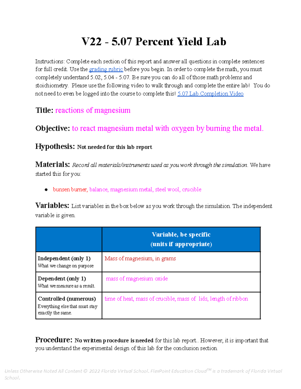 5.07 Percent Yield Lab Report Instructions and Data Analysis - Studocu