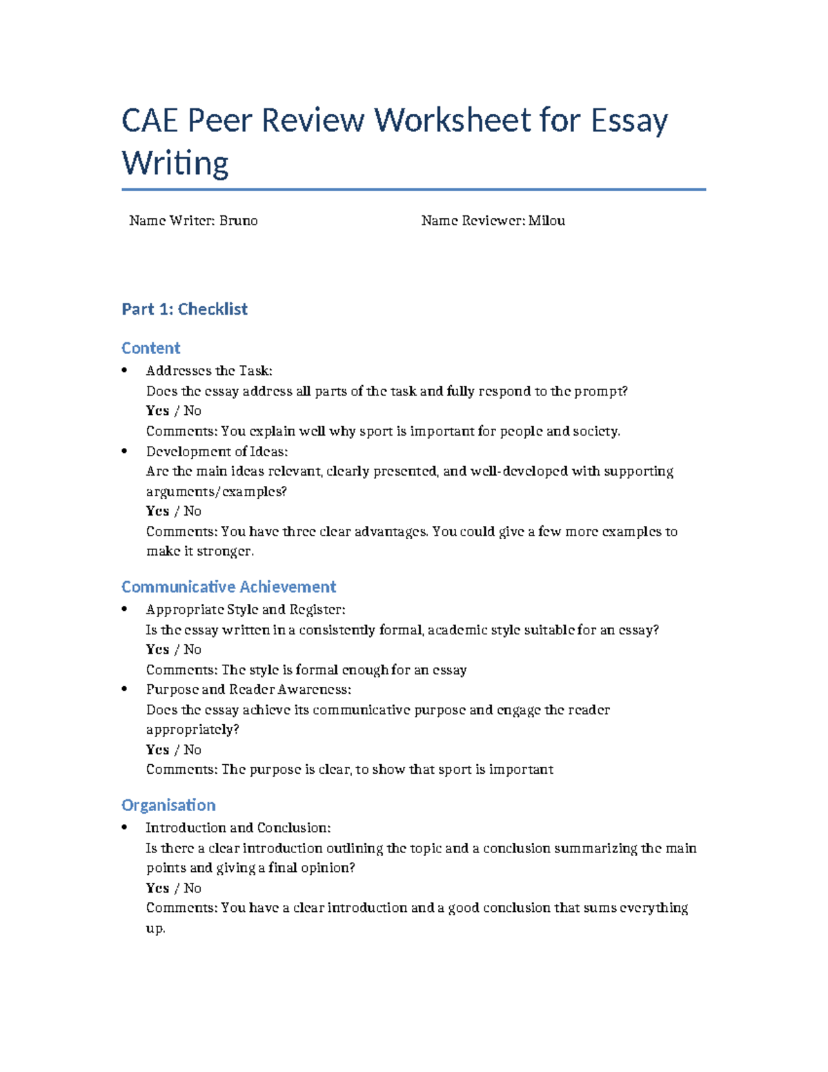 CAE Peer Review Worksheet for Essay Writing: Bruno & Milou - Studeersnel