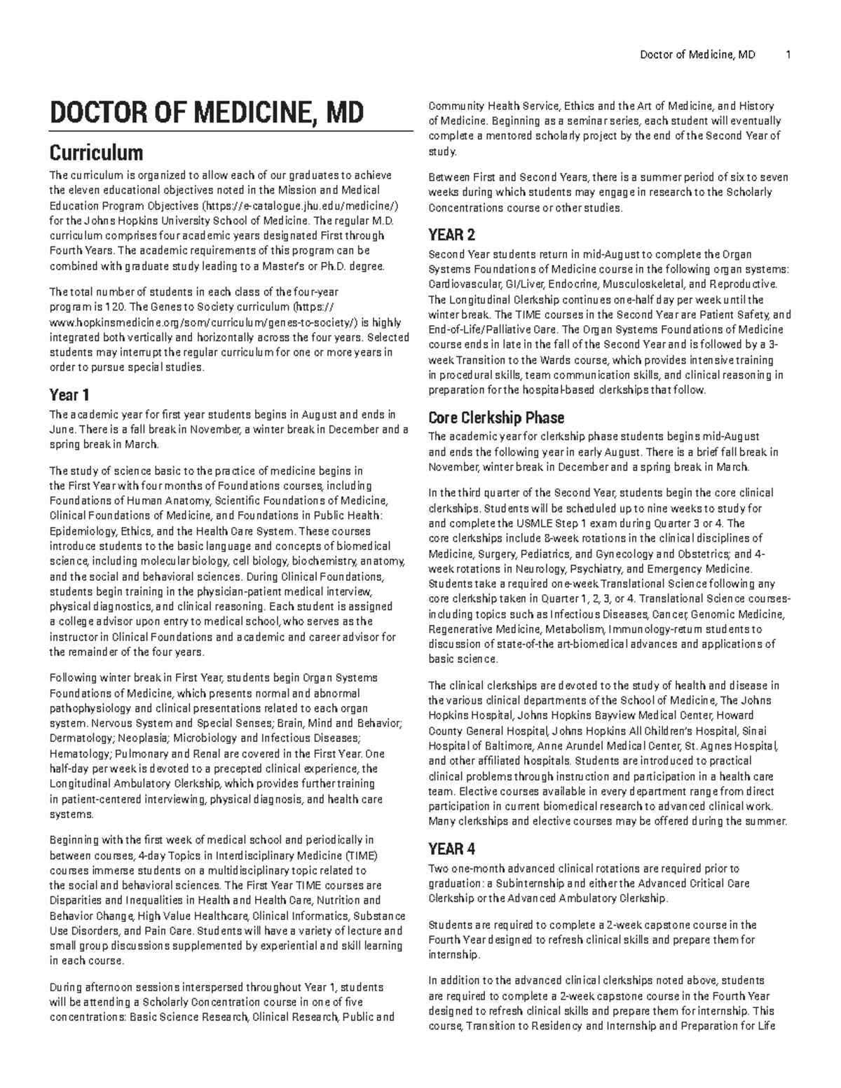 MD Program Curriculum Overview at Johns Hopkins University - Studocu