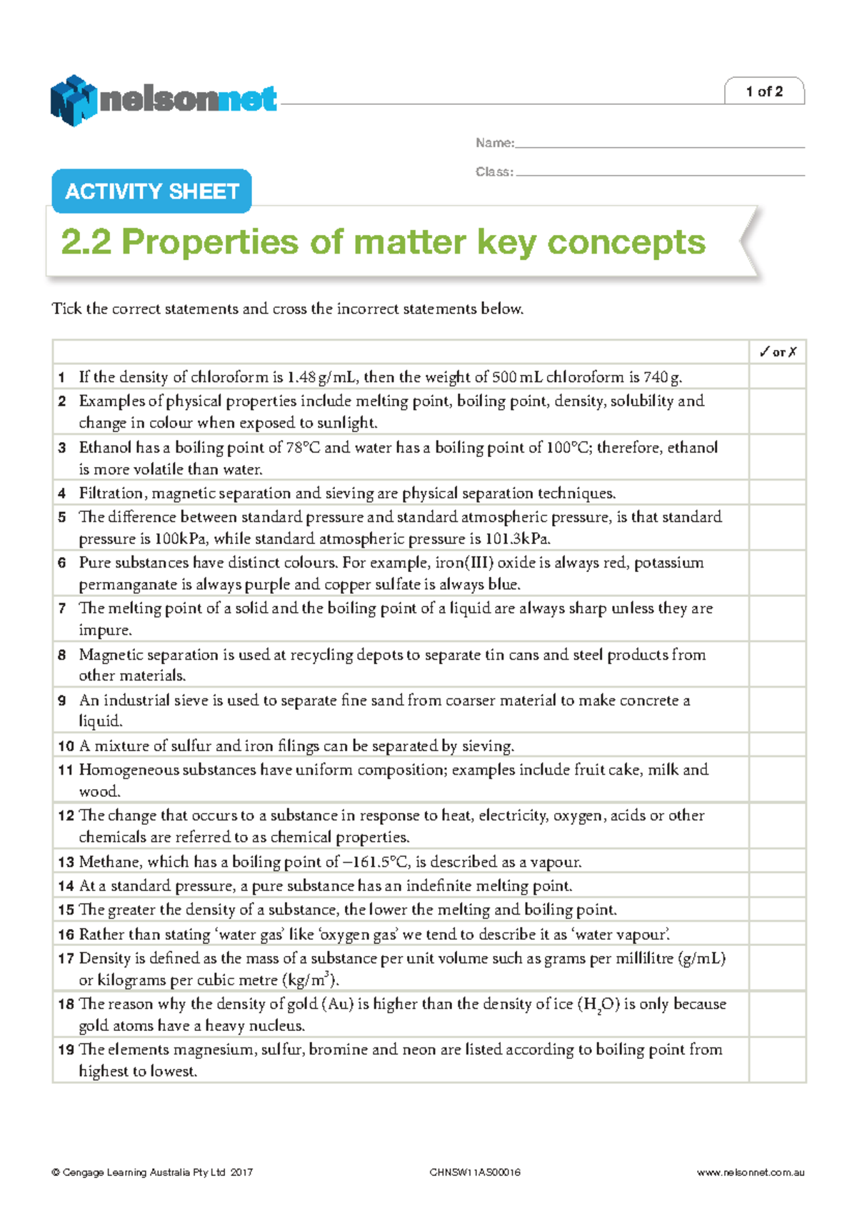 2.2 Properties of Matter Activity Sheet: Key Concepts & Statements ...