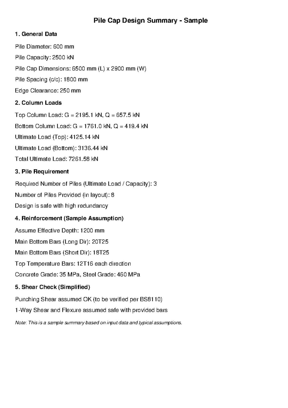 Pile Cap Design Summary - Sample 1 (General Data & Analysis) - Studocu