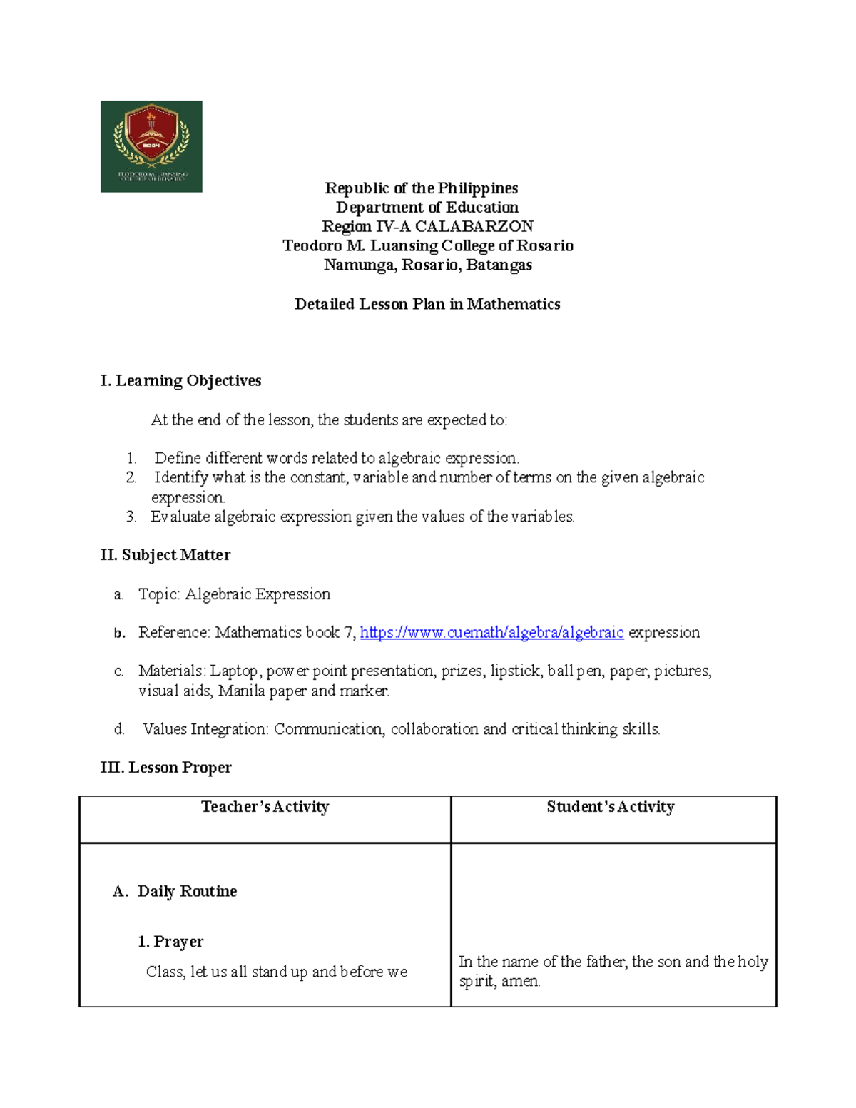 Detailed Lesson Plan on Algebraic Expression (Mathematics) - Studocu