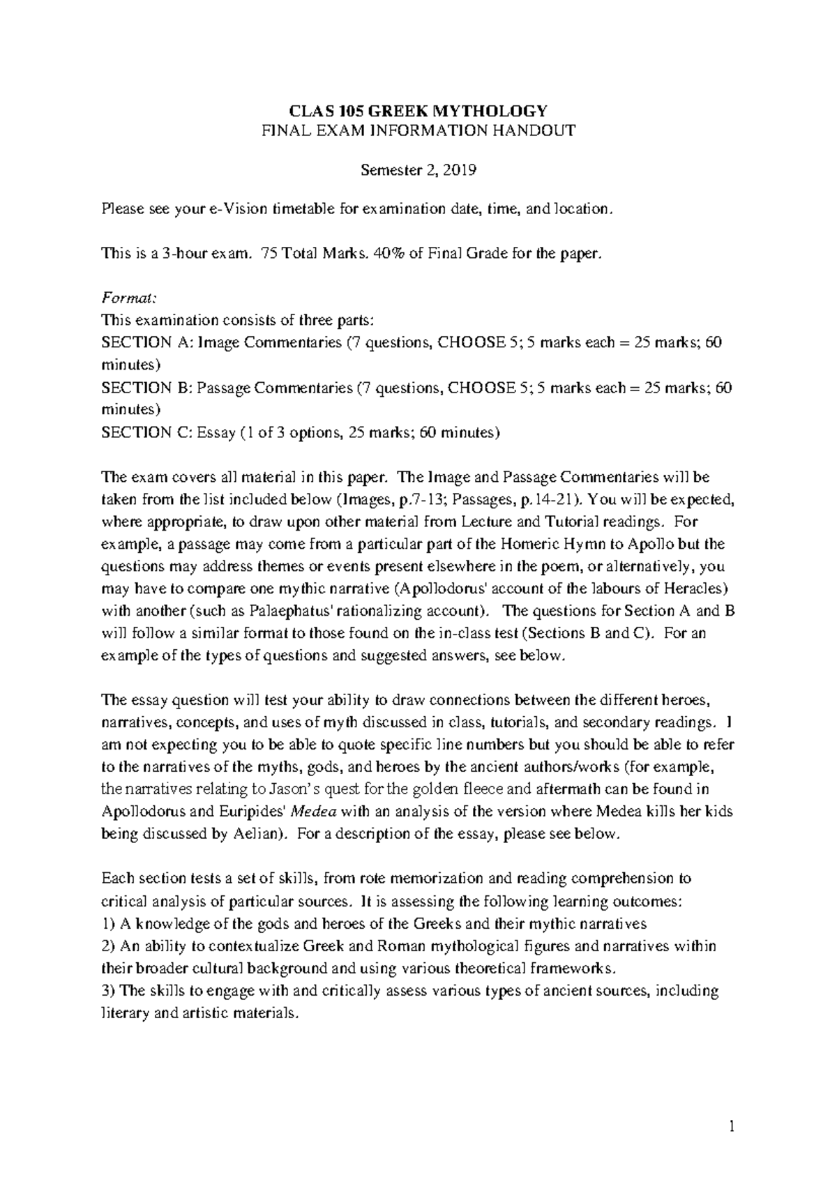Final Exam 2019, questions and answers - CLAS 105 GREEK MYTHOLOGY FINAL ...
