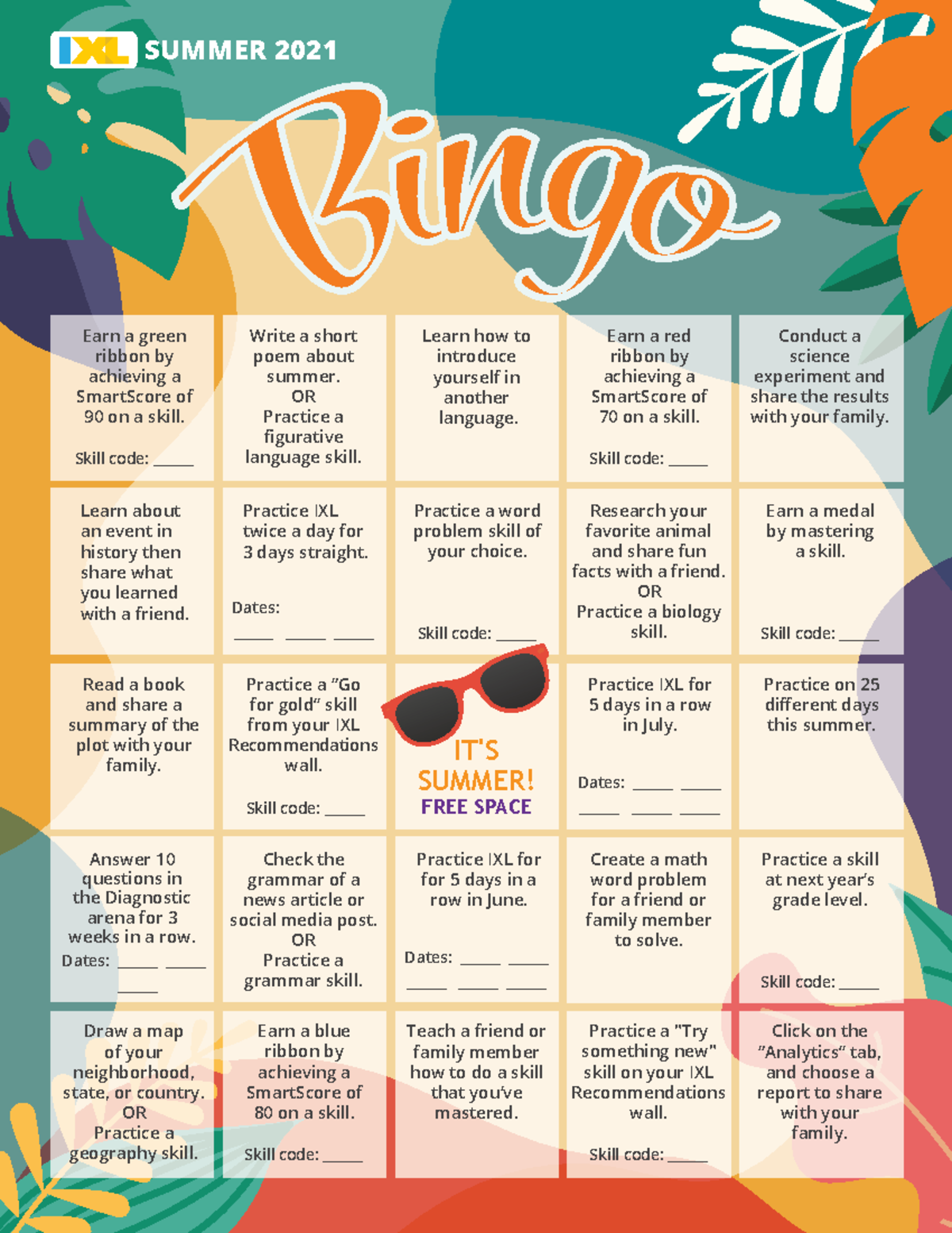 IXL Summer Bingo Activities - Skill Codes & SmartScore Goals - Studocu