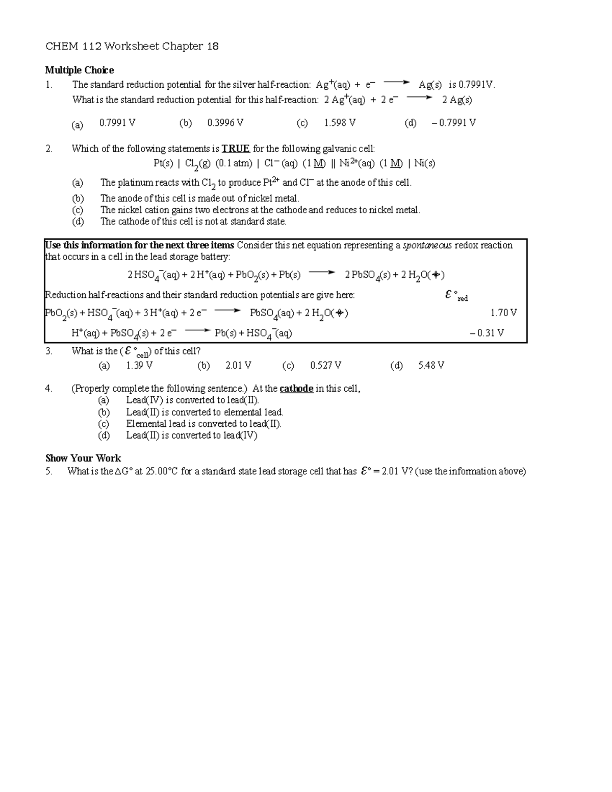 CHEM 112 Week 13 Chapter 18 Recitation Worksheet - Studocu