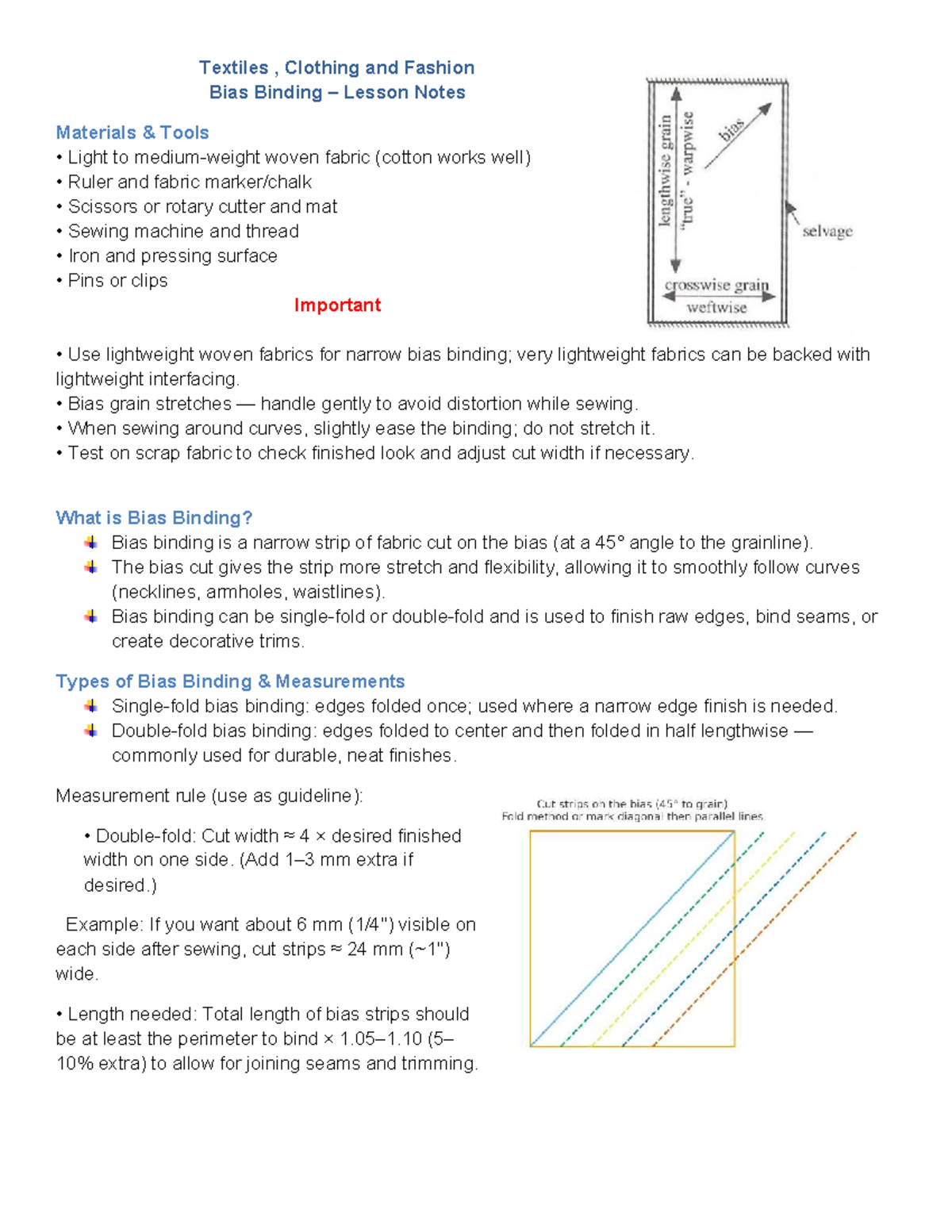 Bias Binding Lesson Notes and Diagrams (Textiles, Clothing & Fashion ...