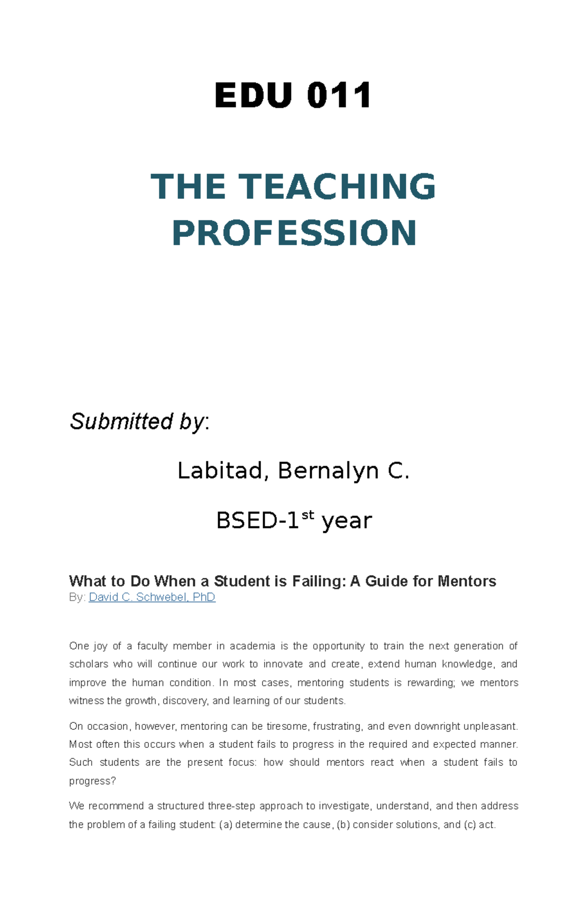 Reflection TP 1st quarter - EDU 011 THE TEACHING PROFESSION Submitted ...