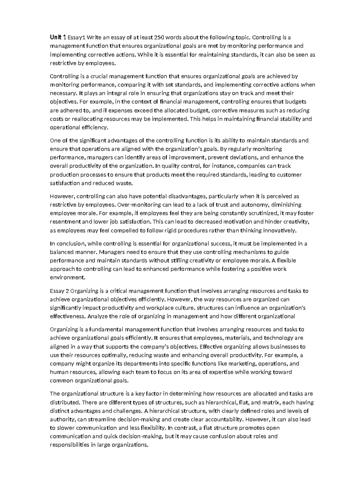 Unit 1 Essay 1: The Role of Controlling in Management Functions - Studocu