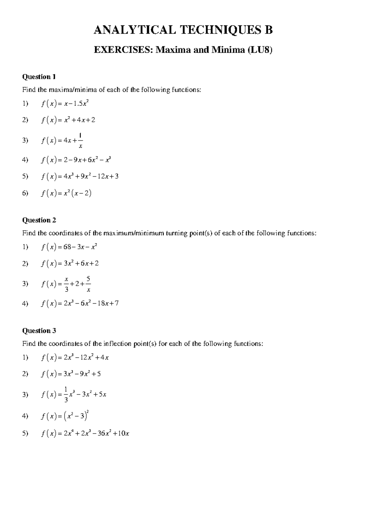 Analytical Techniques B - Exercises on Maxima, Minima & Inflection ...