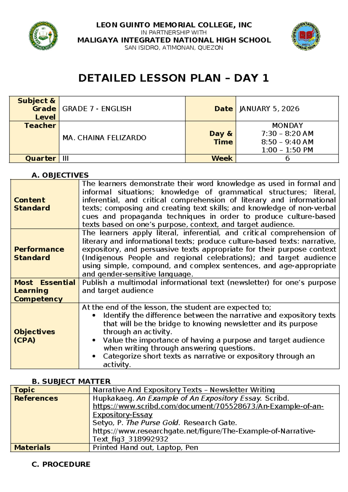 Detailed Lesson Plan for Grade 7 English (LP G7 W6 D1-5) - Studocu